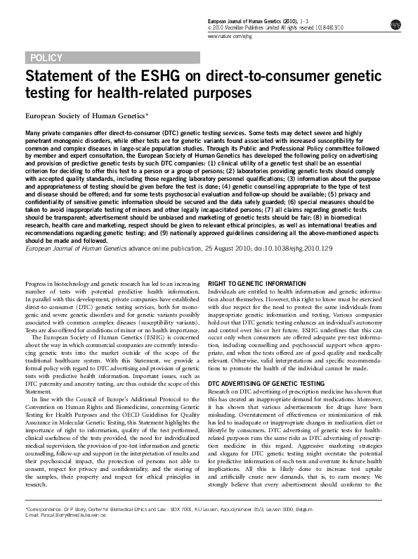 (PDF) Statement of the ESHG on direct-to-consumer genetic testing for ...