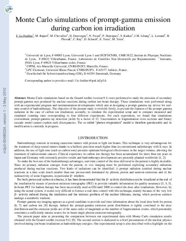 (PDF) Monte Carlo simulations of prompt-gamma emission during carbon ion irradiation
