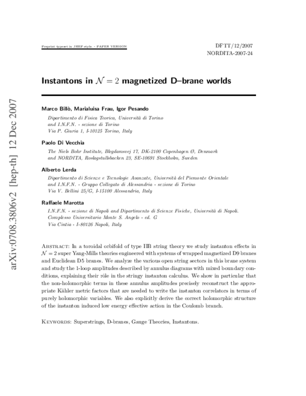 (PDF) Instantons in 𝒩 = 2 magnetized D-brane worlds