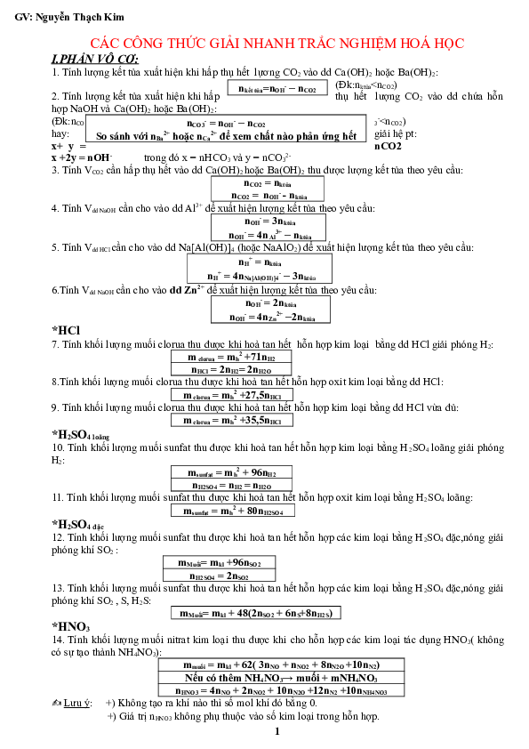 (DOC) CAC CONG THUC GIAI NHANH TRAC NGHIEM HOA HOC