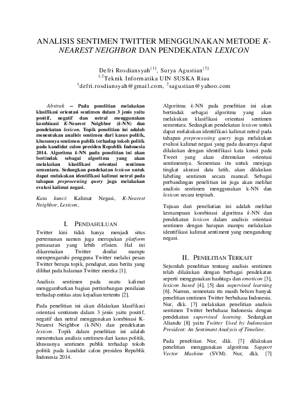 (PDF) ANALISIS SENTIMEN TWITTER MENGGUNAKAN METODE K- NEAREST NEIGHBOR DAN PENDEKATAN LEXICON