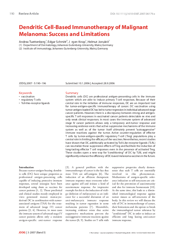 (PDF) Dendritic Cell-Based Immunotherapy of Malignant Melanoma: Success ...