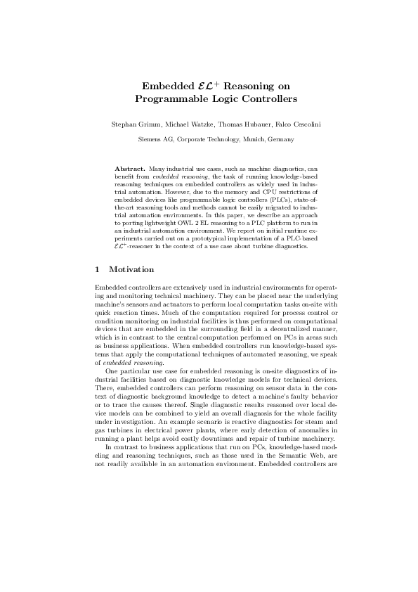 (PDF) Embedded $\mathcal{EL}$ + Reasoning on Programmable Logic Controllers