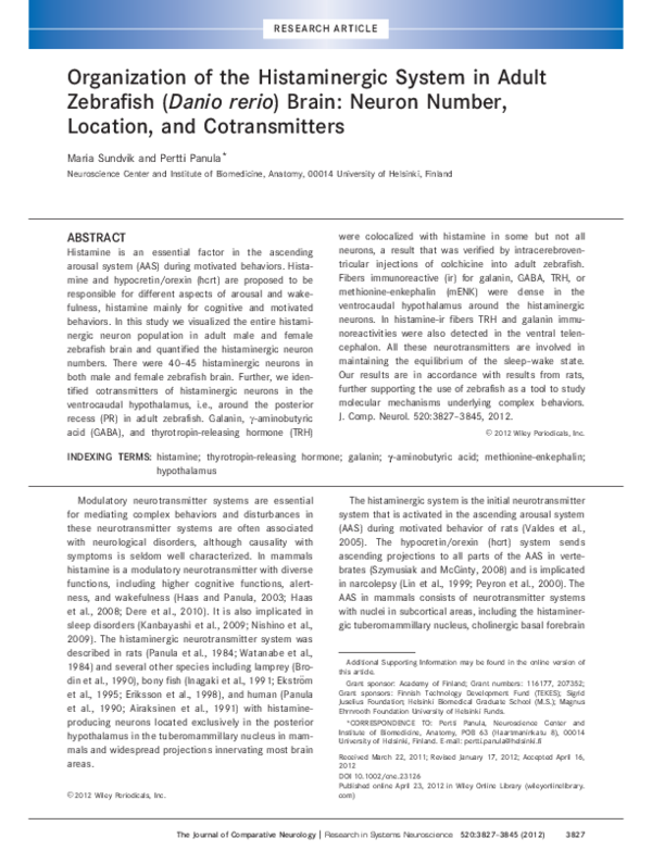 (PDF) Organization of the histaminergic system in adult zebrafish ...