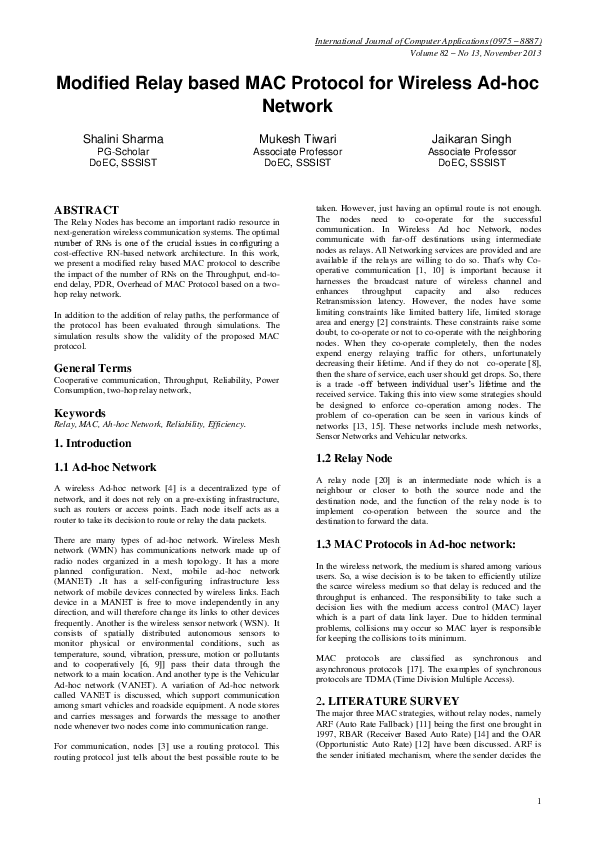 (PDF) Modified Relay based MAC Protocol for Wireless Ad-hoc Network | Dr JAIKARAN SINGH ...