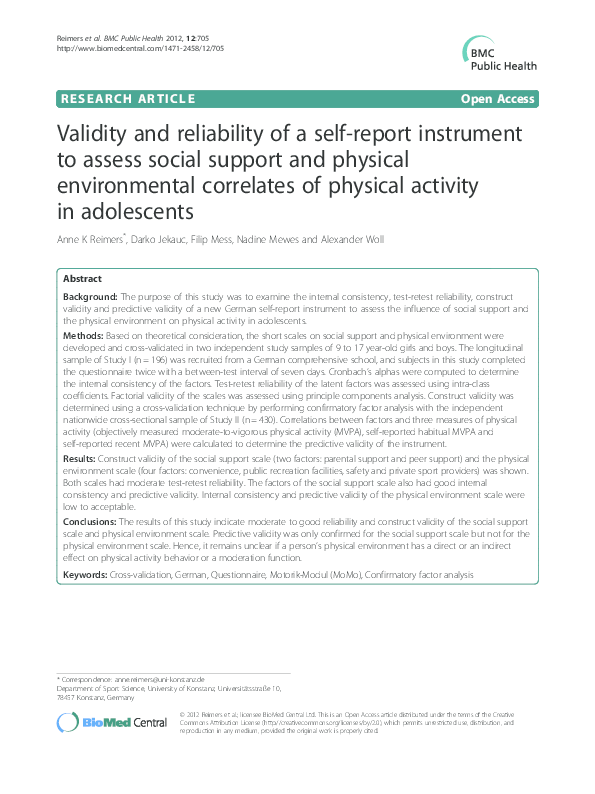 (PDF) Validity and reliability of a self-report instrument to assess social support and physical ...