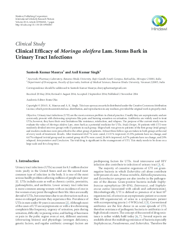 (PDF) Clinical Efficacy of Moringa oleifera Lam. Stems Bark in Urinary Tract Infections