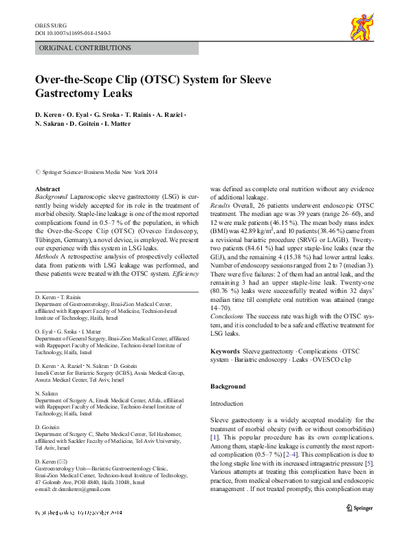 (PDF) Over-the-Scope Clip (OTSC) System for Sleeve Gastrectomy Leaks