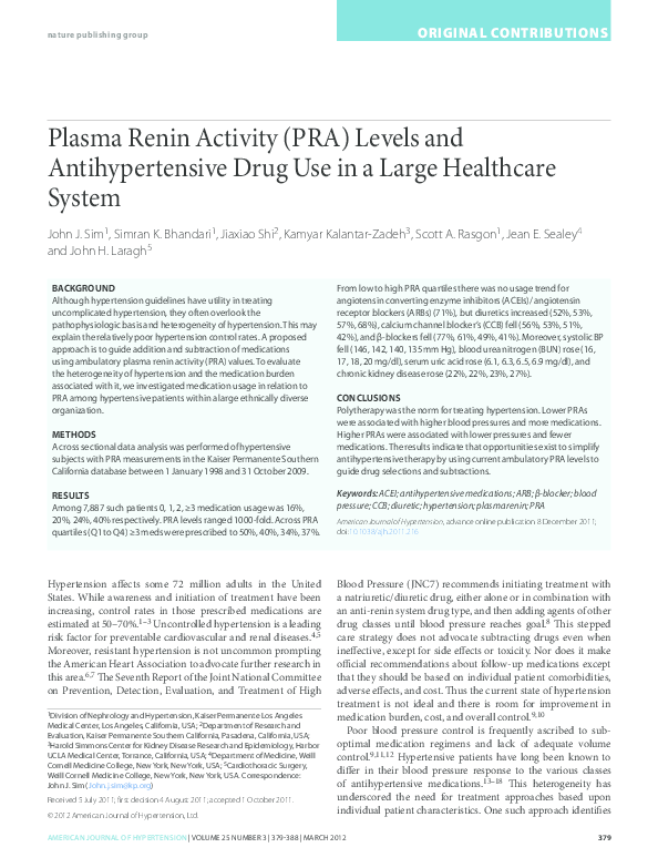 (PDF) Plasma renin activity (PRA) levels and antihypertensive drug use ...