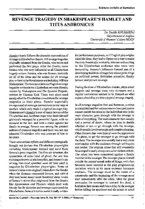 (PDF) REVENGE TRAGEDY IN SHAKESPEARE'S HAMLET AND TITUS ANDRONICUS