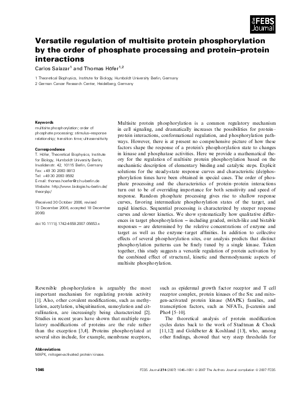 (PDF) Versatile regulation of multisite protein phosphorylation by the ...