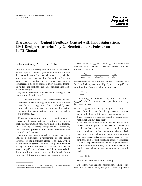 (PDF) Discussion on:‘Output Feedback Control with Input Saturations: LMI Design Approaches’ by G ...