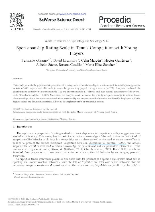 (PDF) Sportsmanship Rating Scale in Tennis Competition with Young Players