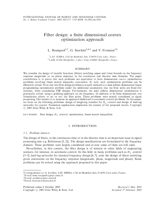 (PDF) Filter design: a finite dimensional convex optimization approach