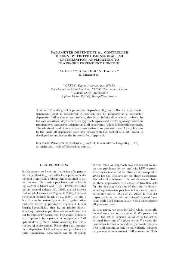 (PDF) Parameter dependent H∞ control by finite dimensional LMI optimization: application to ...