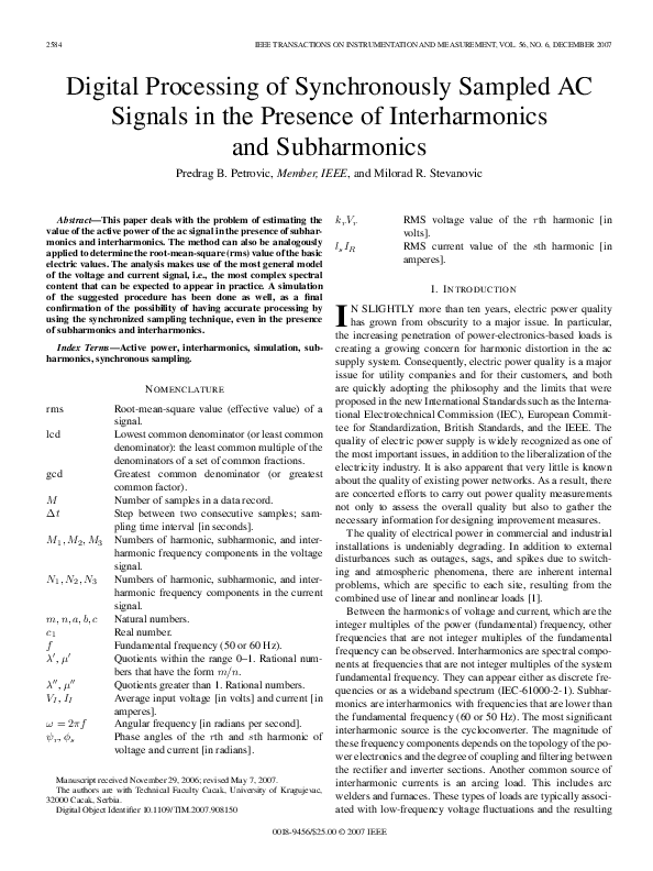 (PDF) Digital Processing of Synchronously Sampled AC Signals in the Presence of Interharmonics ...