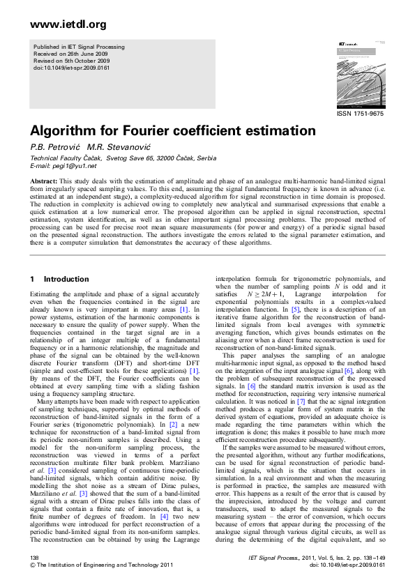 (PDF) Algorithm for Fourier coefficient estimation (PDF) Algorithm for Fourier coefficient estimation