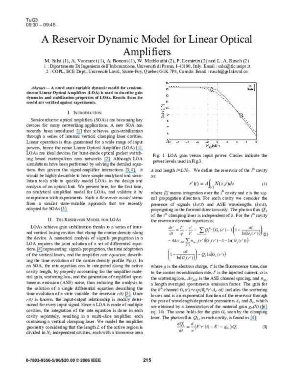(PDF) A Reservoir Dynamic Model for Linear Optical Amplifiers