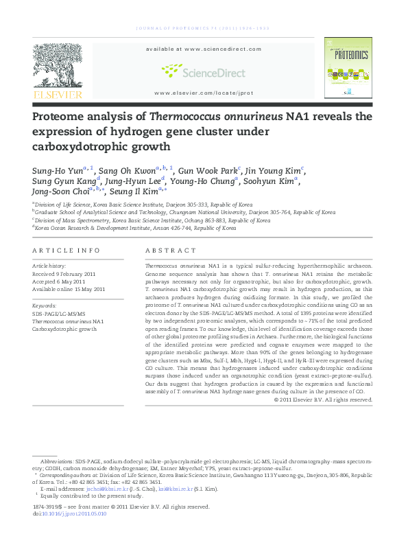 (PDF) Proteome analysis of Thermococcus onnurineus NA1 reveals the ...