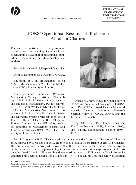 (PDF) IFORS' Operational Research Hall of FameAbraham Charnes