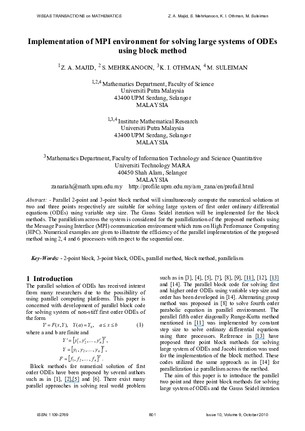Pdf Implementation Of Mpi Environment For Solving Large Systems Of Odes Using Block Method