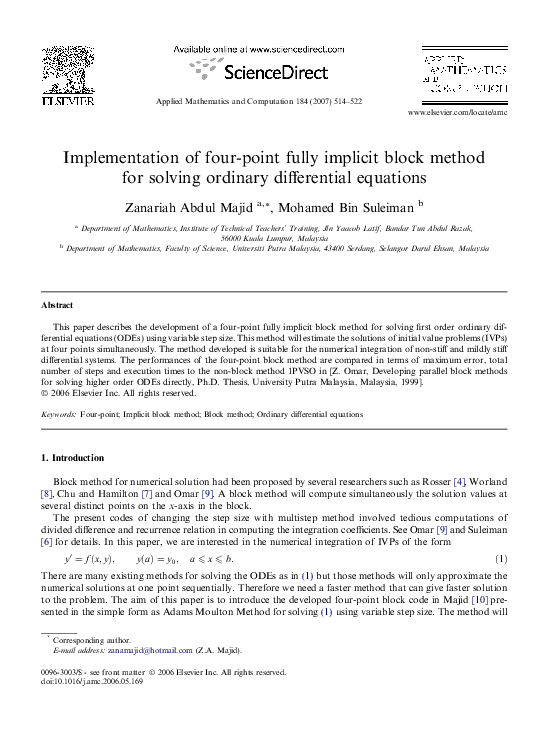 Pdf Implementation Of Four Point Fully Implicit Block Method For Solving Ordinary Differential