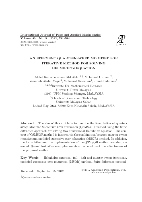Pdf An Efficient Quarter Sweep Modified Sor Iterative Method For Solving Helmholtz Equation