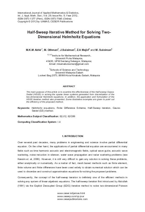 (PDF) Half-Sweep Iterative Method for Solving Two- Dimensional Helmholtz Equations | Zanariah ...