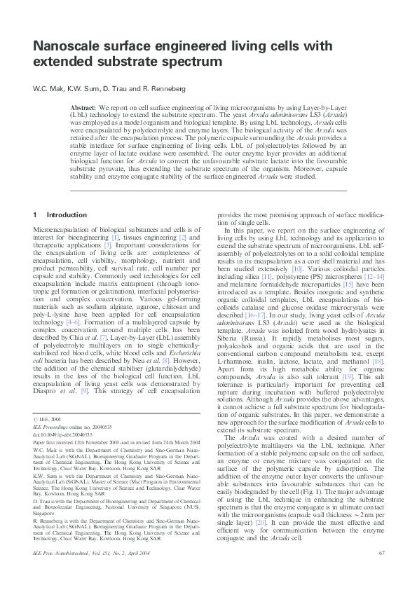 (PDF) Nanoscale surface engineered living cells with extended substrate ...
