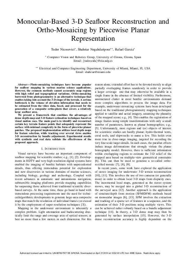 (PDF) Monocular-Based 3-D Seafloor Reconstruction and Ortho-Mosaicing by Piecewise Planar ...