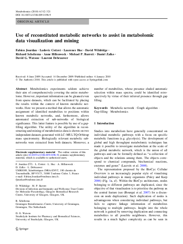 (PDF) Use of reconstituted metabolic networks to assist in metabolomic data visualization and mining