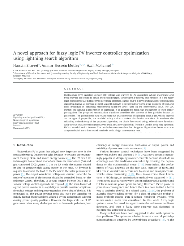 Pdf A Novel Approach For Fuzzy Logic Pv Inverter Controller Optimization Using Lightning