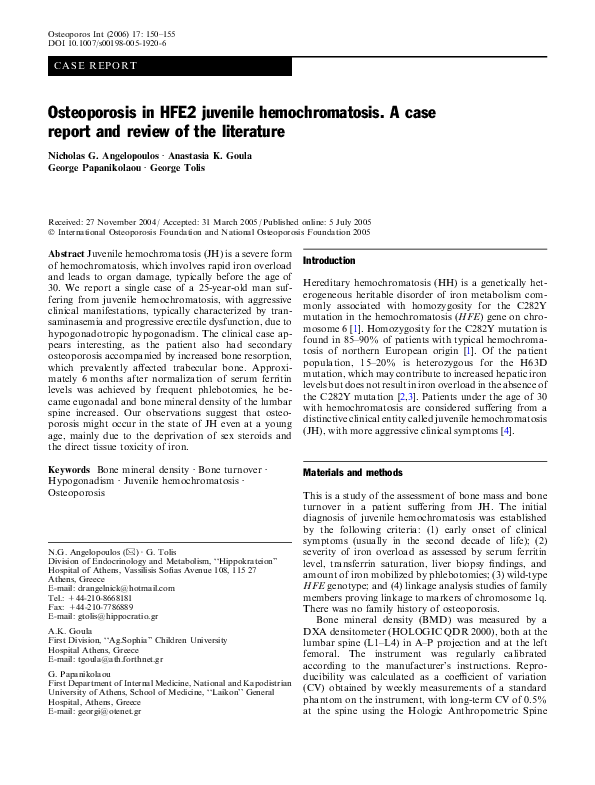 (PDF) Osteoporosis in HFE2 juvenile hemochromatosis. A case report and ...