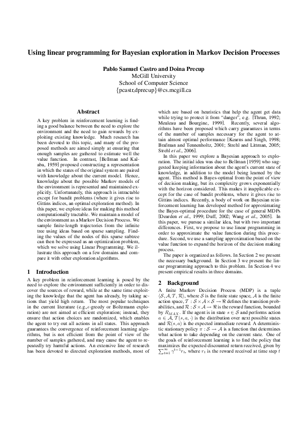 (PDF) Using linear programming for Bayesian exploration in Markov decision processes