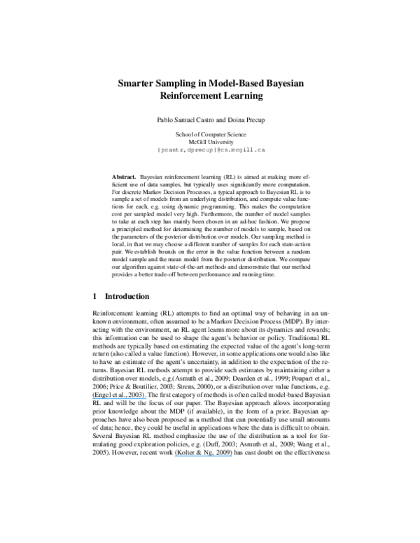 Pdf Smarter Sampling In Model Based Bayesian Reinforcement Learning