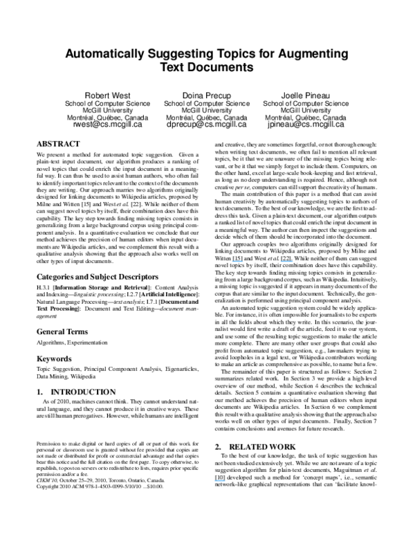 (PDF) Automatically suggesting topics for augmenting text documents