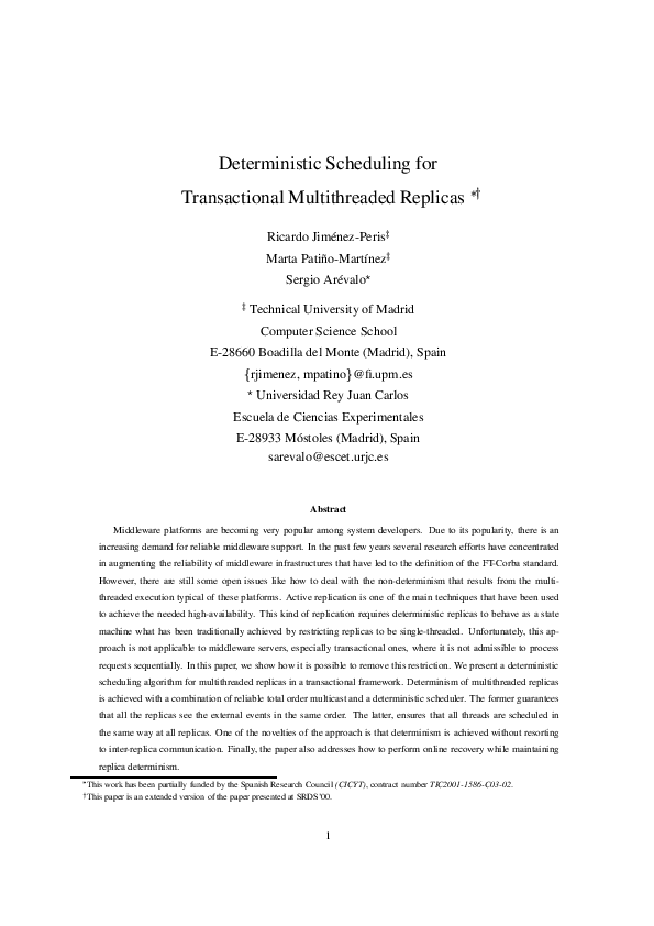 (PDF) Deterministic scheduling for transactional multithreaded replicas
