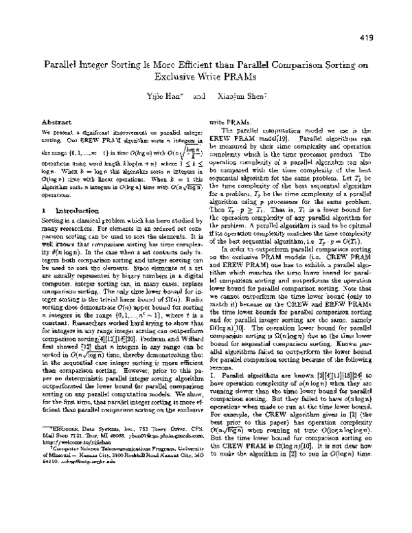 Pdf Parallel Integer Sorting Is More Efficient Than Parallel Comparison Sorting On Exclusive 0211