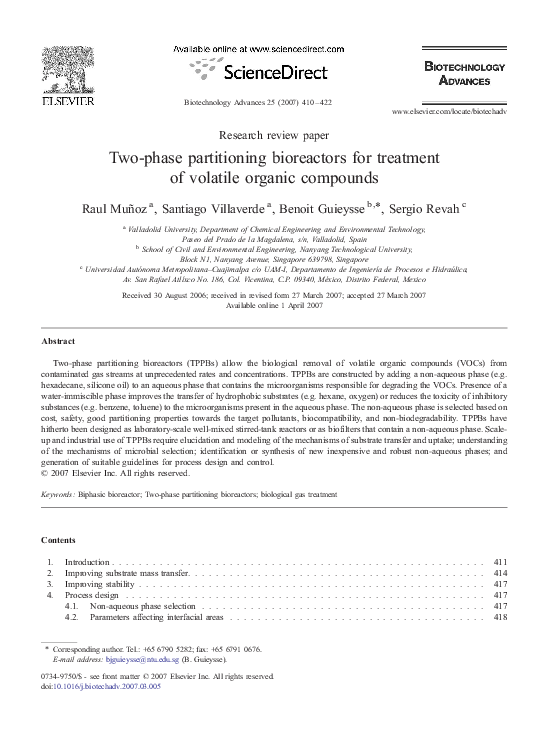 (PDF) Two-phase partitioning bioreactors for treatment of volatile ...