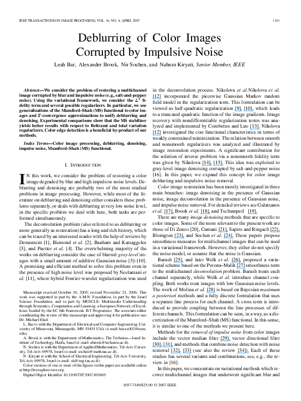 (PDF) Deblurring of color images corrupted by impulsive noise