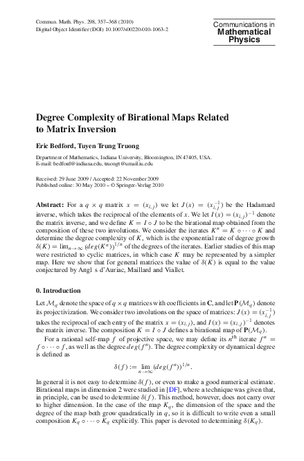 (PDF) Degree Complexity of Birational Maps Related to Matrix Inversion