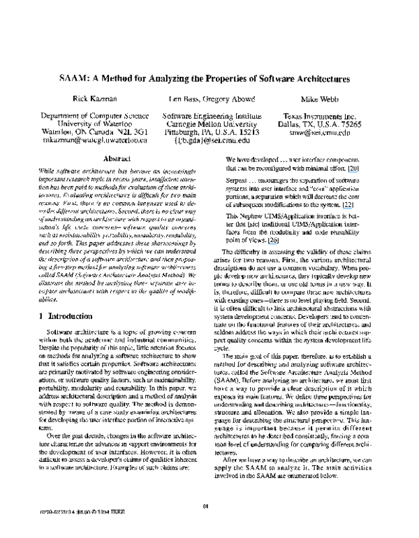 (PDF) SAAM: a method for analyzing the properties of software architectures
