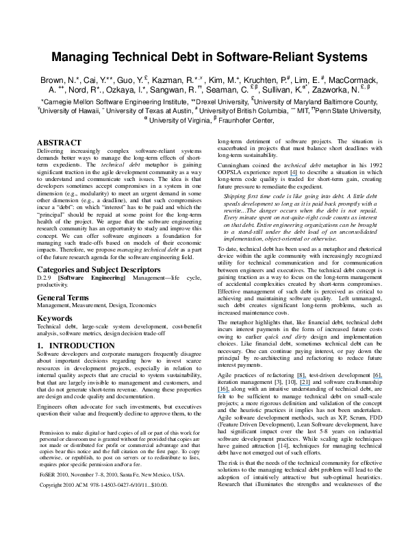 (PDF) Managing technical debt in software-reliant systems