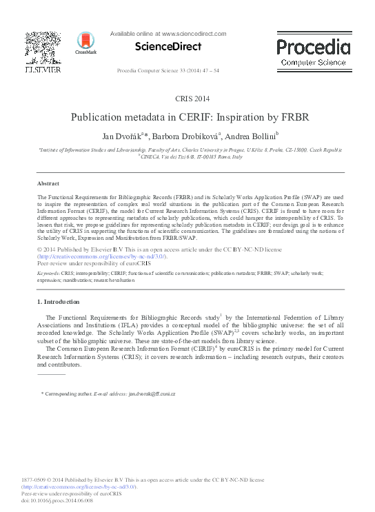 (PDF) Publication metadata in CERIF: Inspiration by FRBR