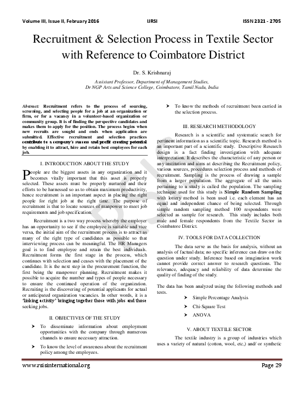 (PDF) Recruitment & Selection Process in Textile Sector with Reference to Coimbatore District