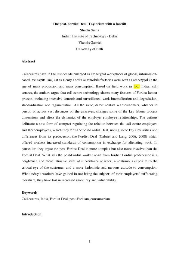 (PDF) The post-Fordist Deal: Taylorism with a facelift