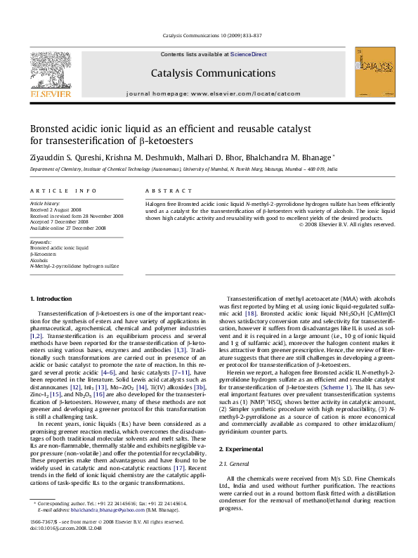 (PDF) Brønsted acidic ionic liquid as an efficient and recyclable promoter for ...