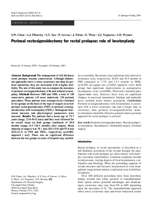 (PDF) Perineal rectosigmoidectomy for rectal prolapse: role of ...