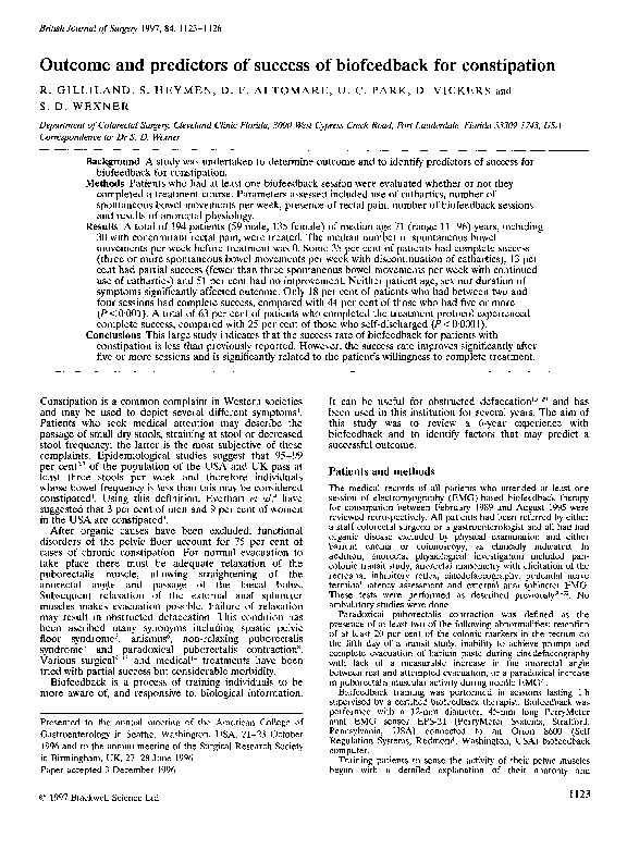 (PDF) Outcome and predictors of success of biofeedback for constipation