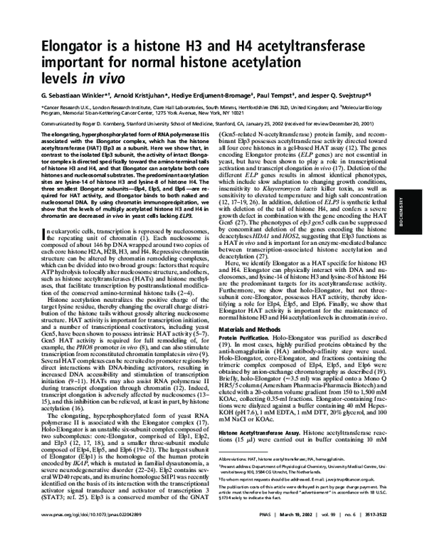 (PDF) Elongator Complex Role in Histone H3 and H4 Acetylation